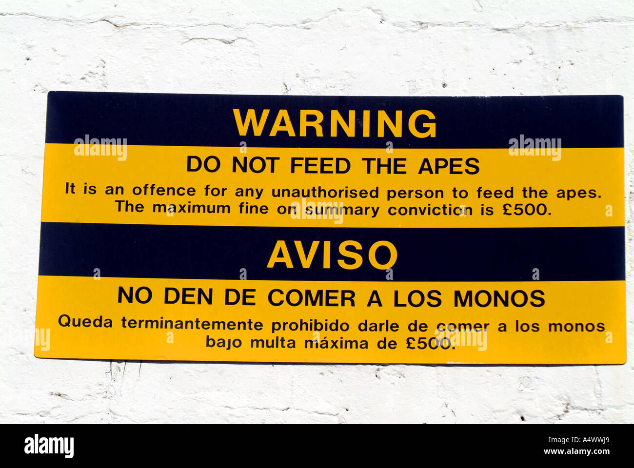 dont feed the apes warning sign yellow black upper rock Stock Photo - Alamy