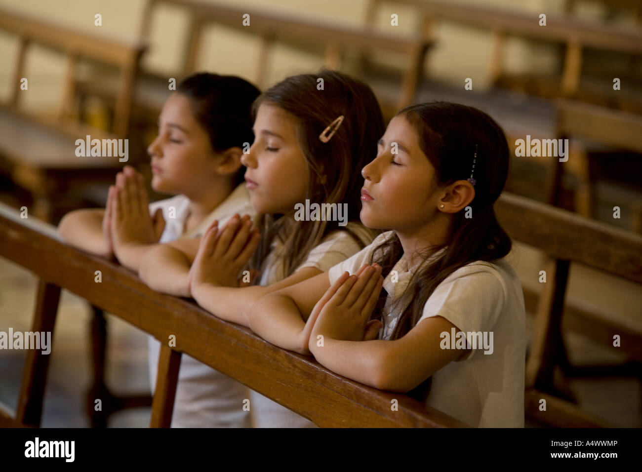 Young students praying in church Stock Photo - Alamy