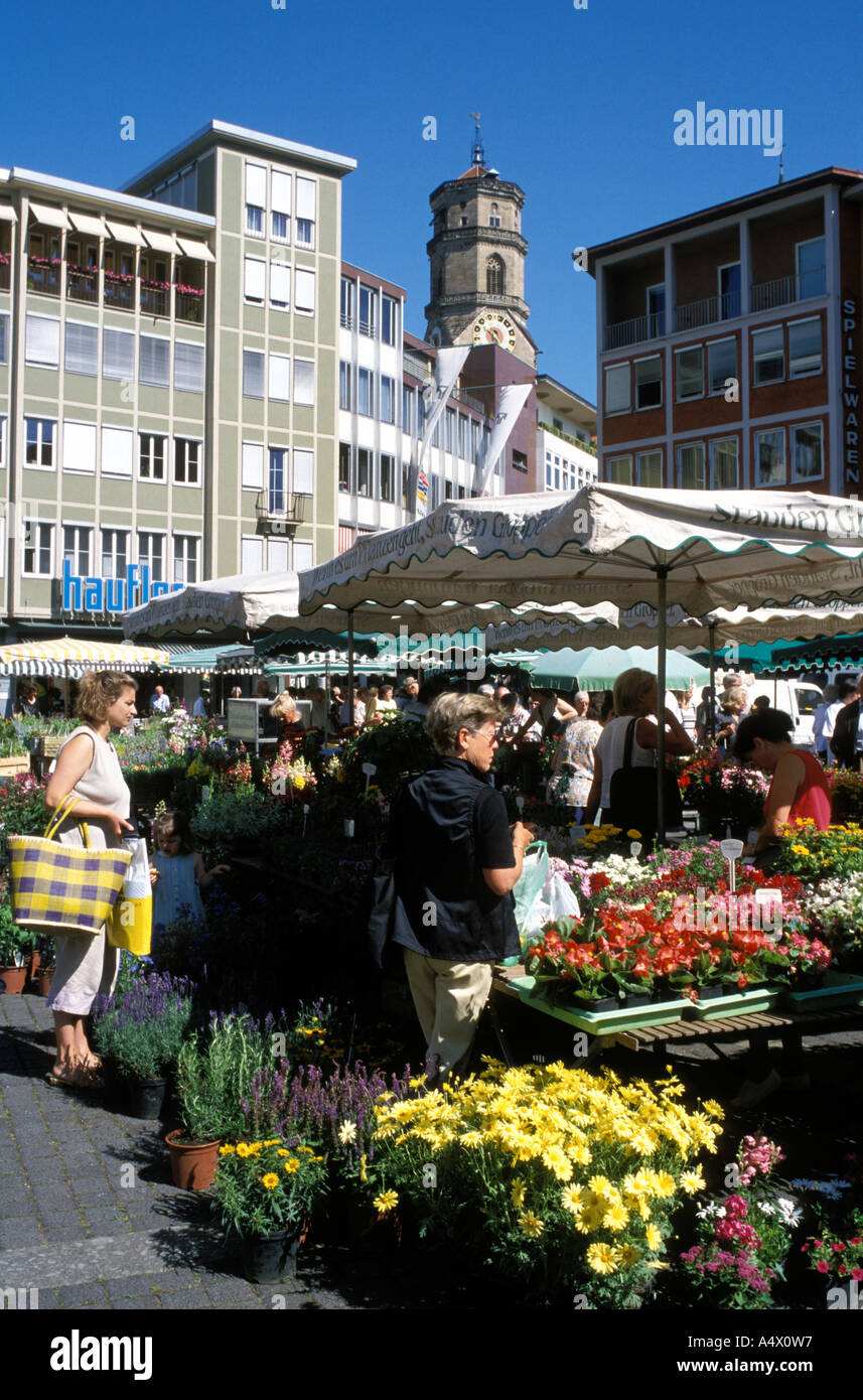 Market stalls at the weekly market on the market place Stuttgart Baden ...