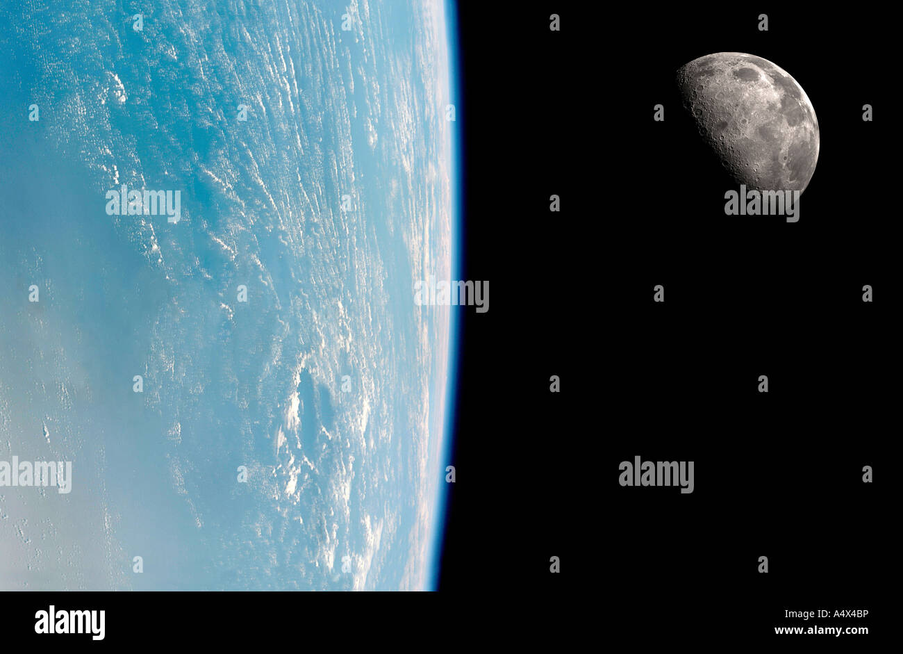 Pacific Ocean viewed from orbit with the moon in space beyond composite ...