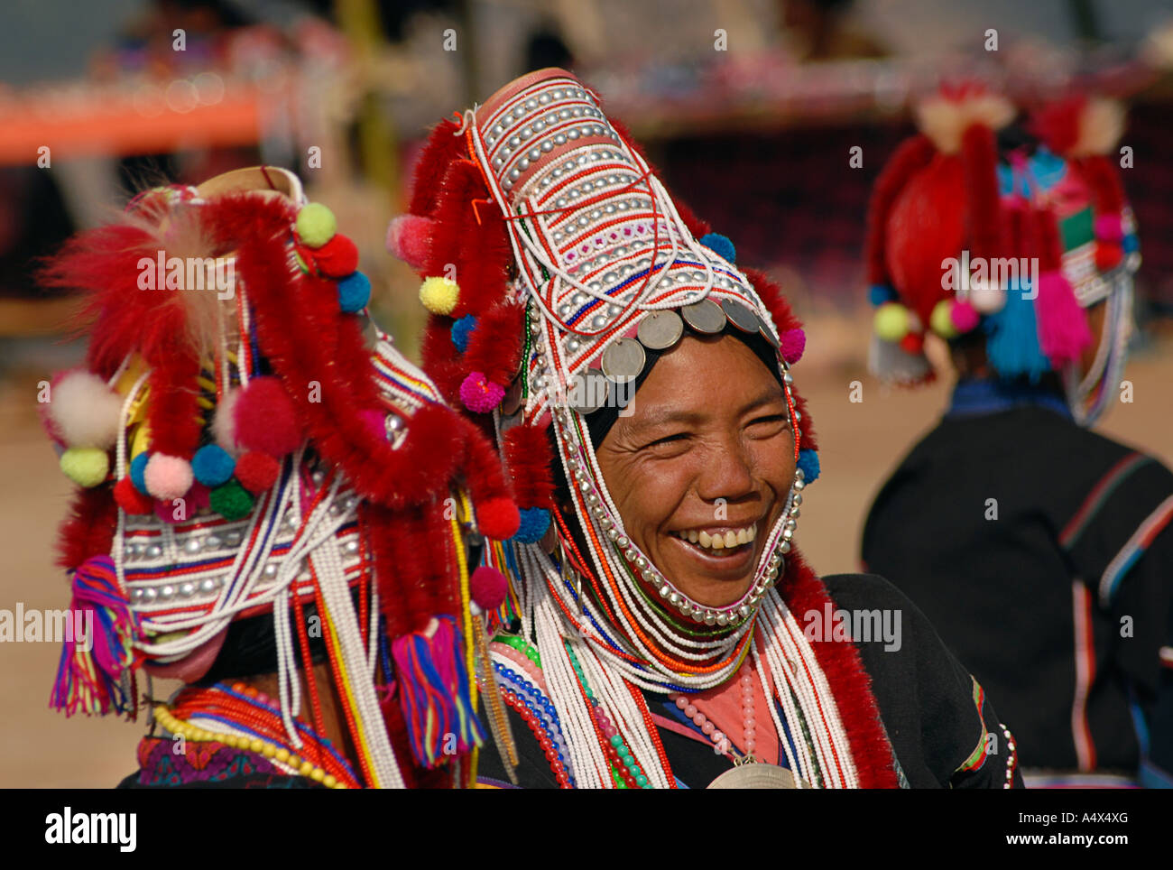 Akha women in distinctive tribal costume Chiang Rai hilltribe community ...