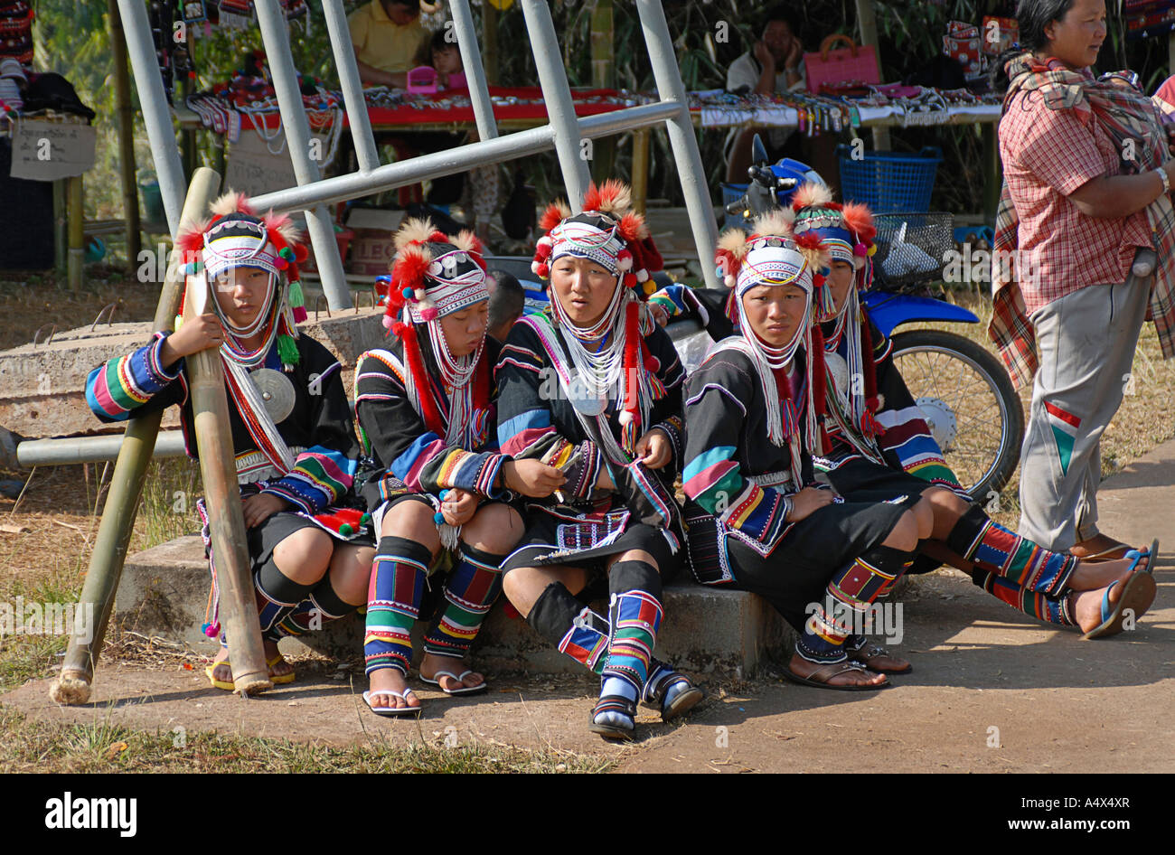Akha women in distinctive tribal costume Chiang Rai hilltribe community ...