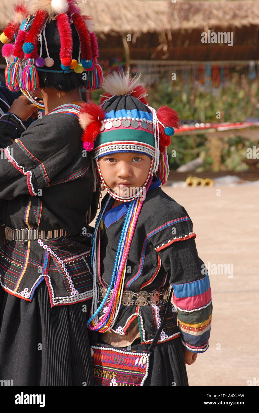 Akha girls in distinctive tribal costume Chiang Rai hilltribe community ...