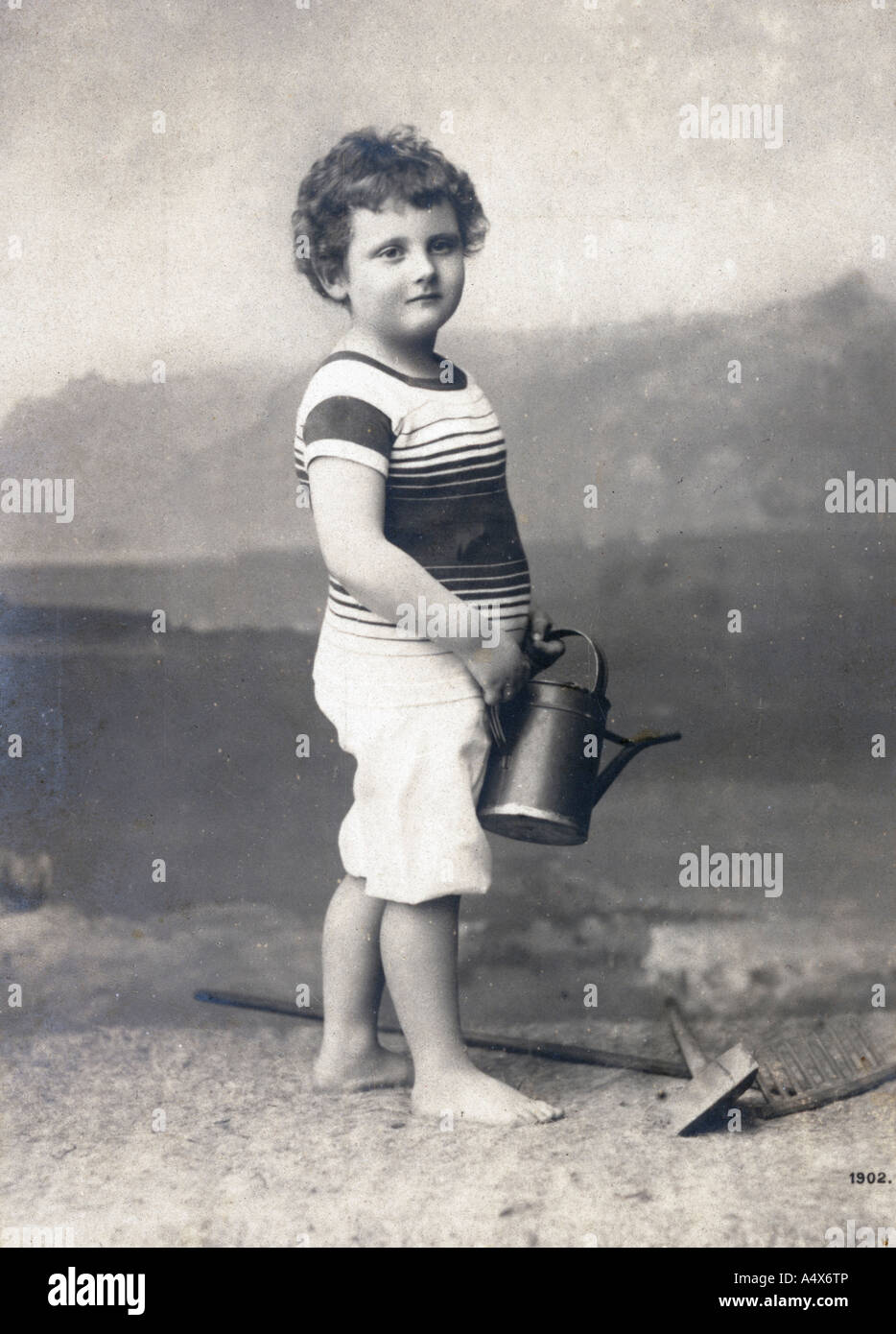Historic postcard about 1900 boy with watering can and sailor suit ...