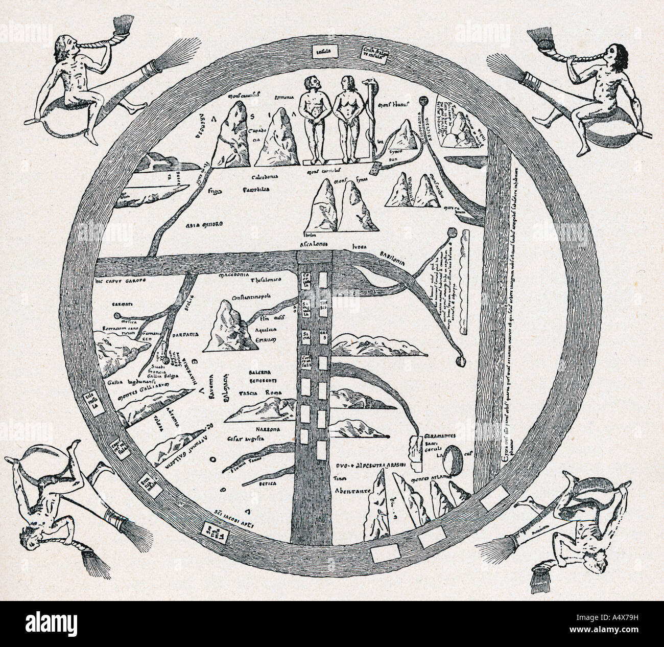 Medieaval world map engraving after a master of Torino about 1200 Stock ...