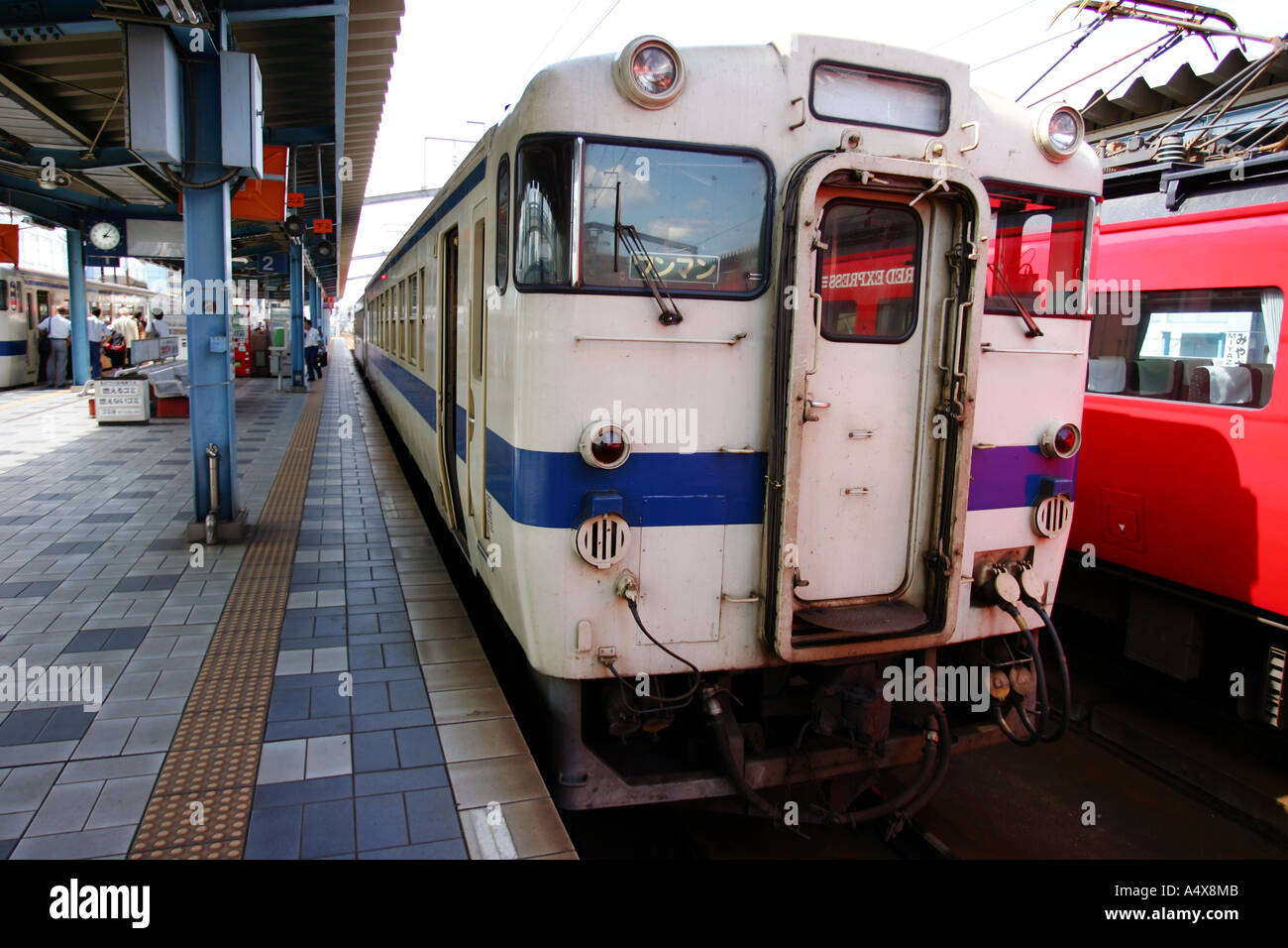 JR train on the platform at Miyazaki railway station in Miyazaki ...