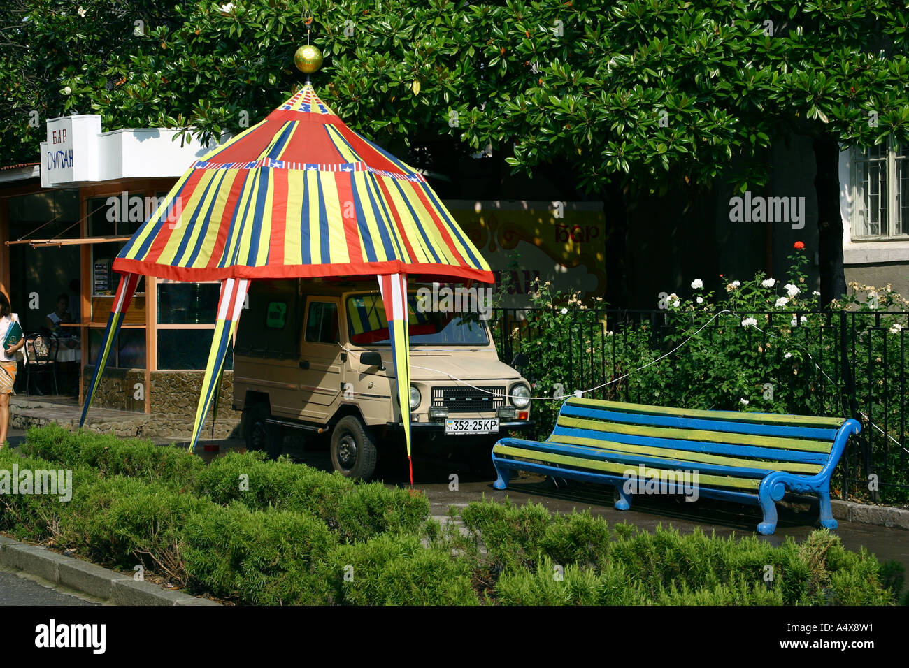 Ukraine, Crimea, 2002. Ukrainian Jeep LUAZ parked under tent Stock ...