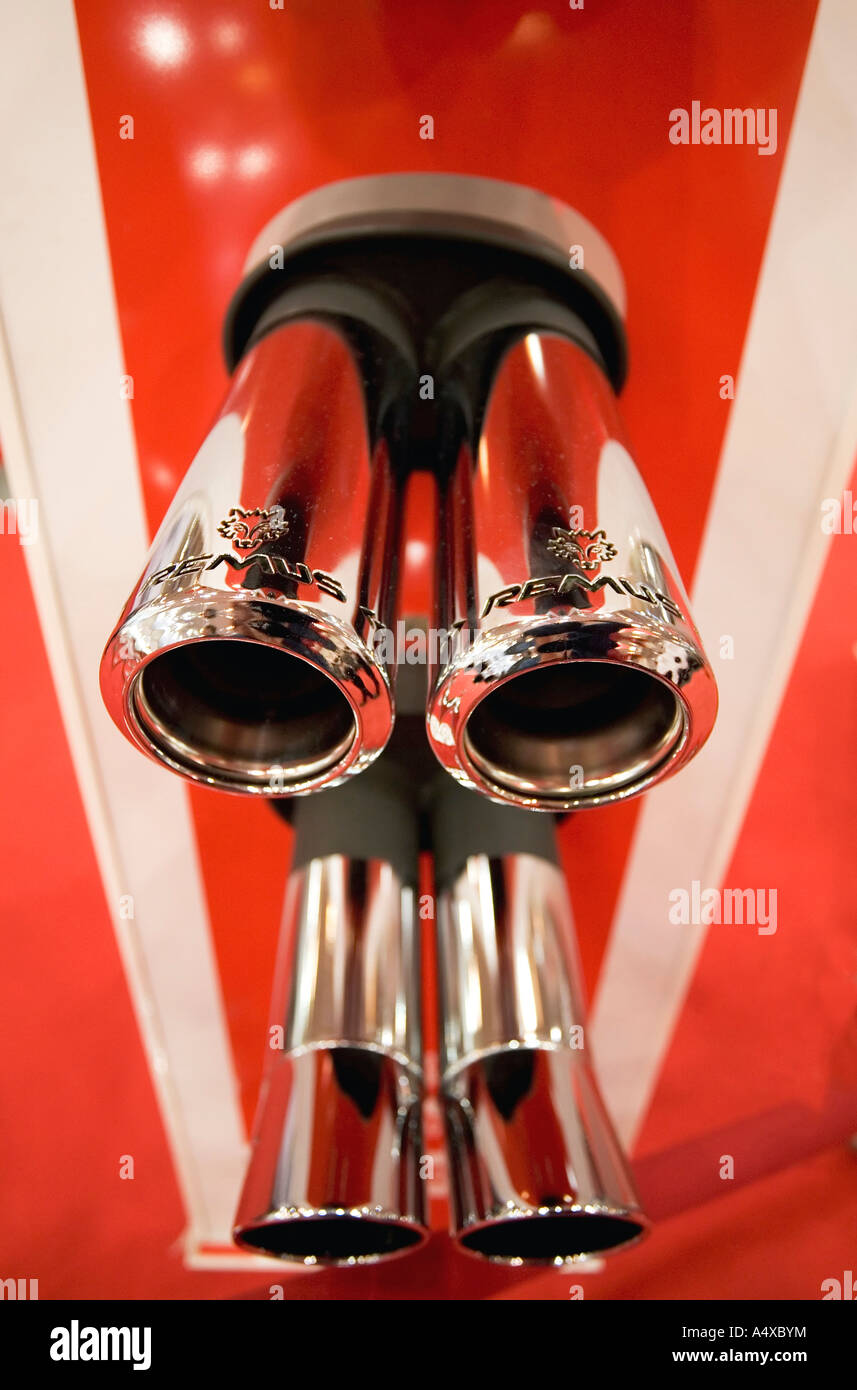 Twin exhaust-pipe end, exhibit at the Essen Motor Show, NRW, Germany ...