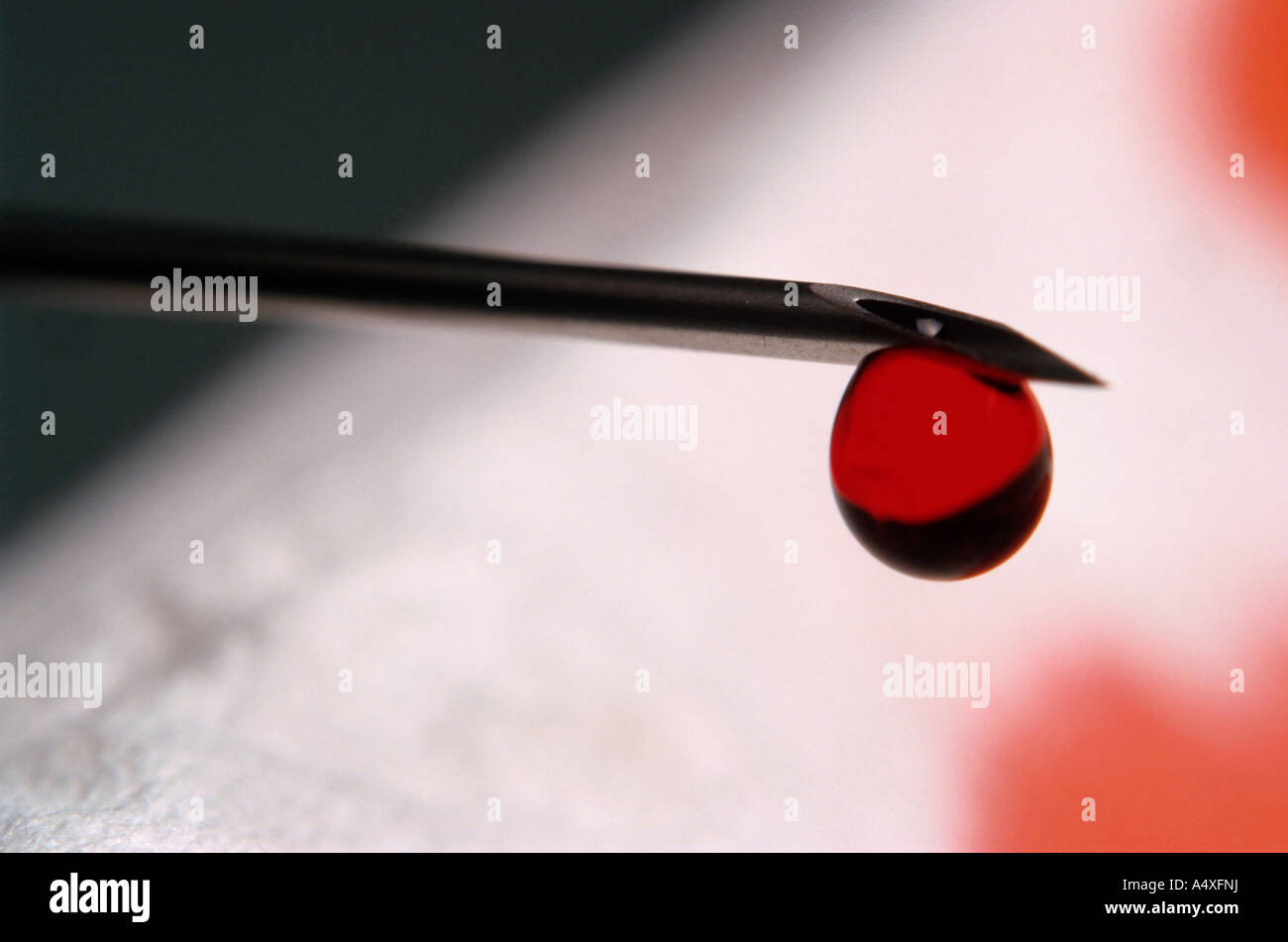 Drop of blood at the end of a syringe Stock Photo - Alamy