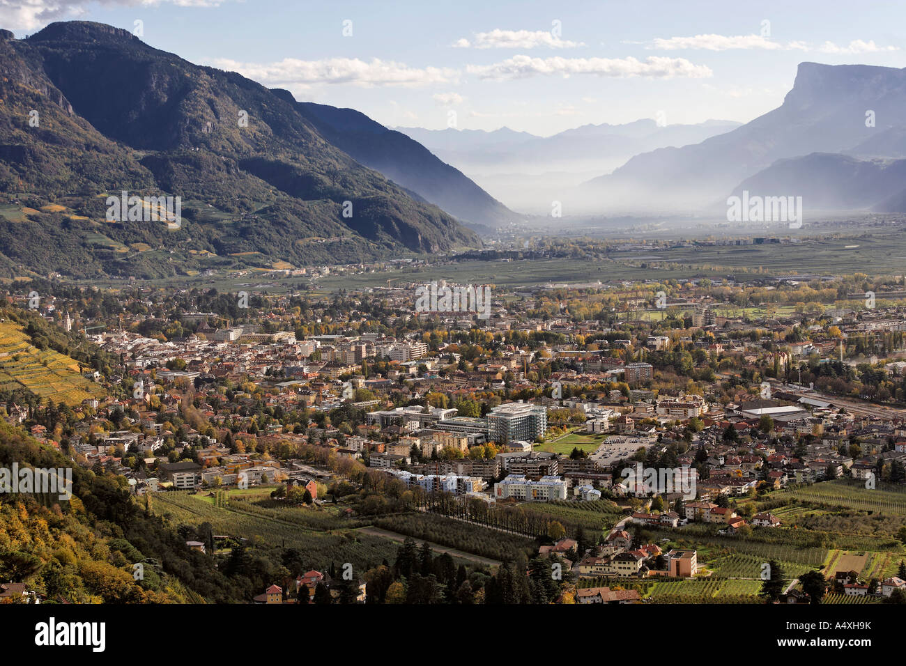 View to the town of Meran, village of Tyrol, South Tyrol, Italy Stock ...