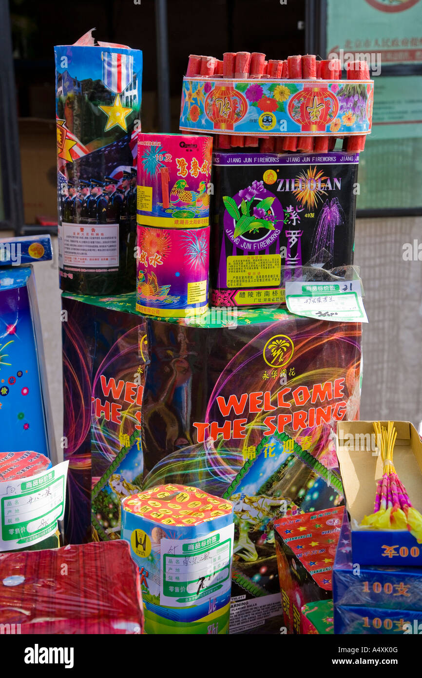 Fireworks on sale on a stall in the street in Beijing during Chinese ...