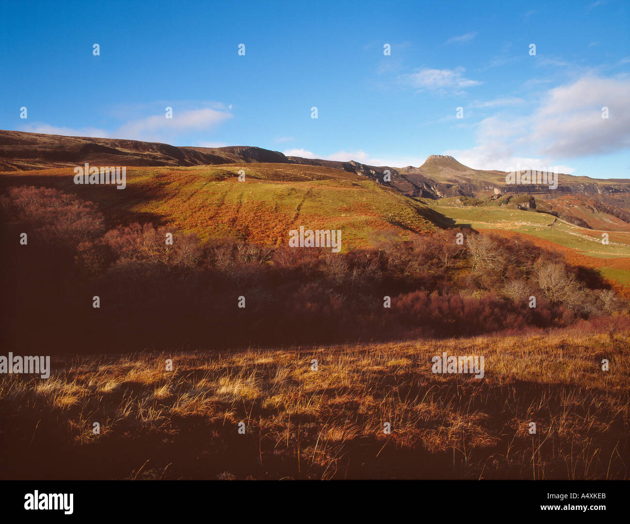 Autumn landscape with volcanic summit of Dun Caan at Hallaig island of ...