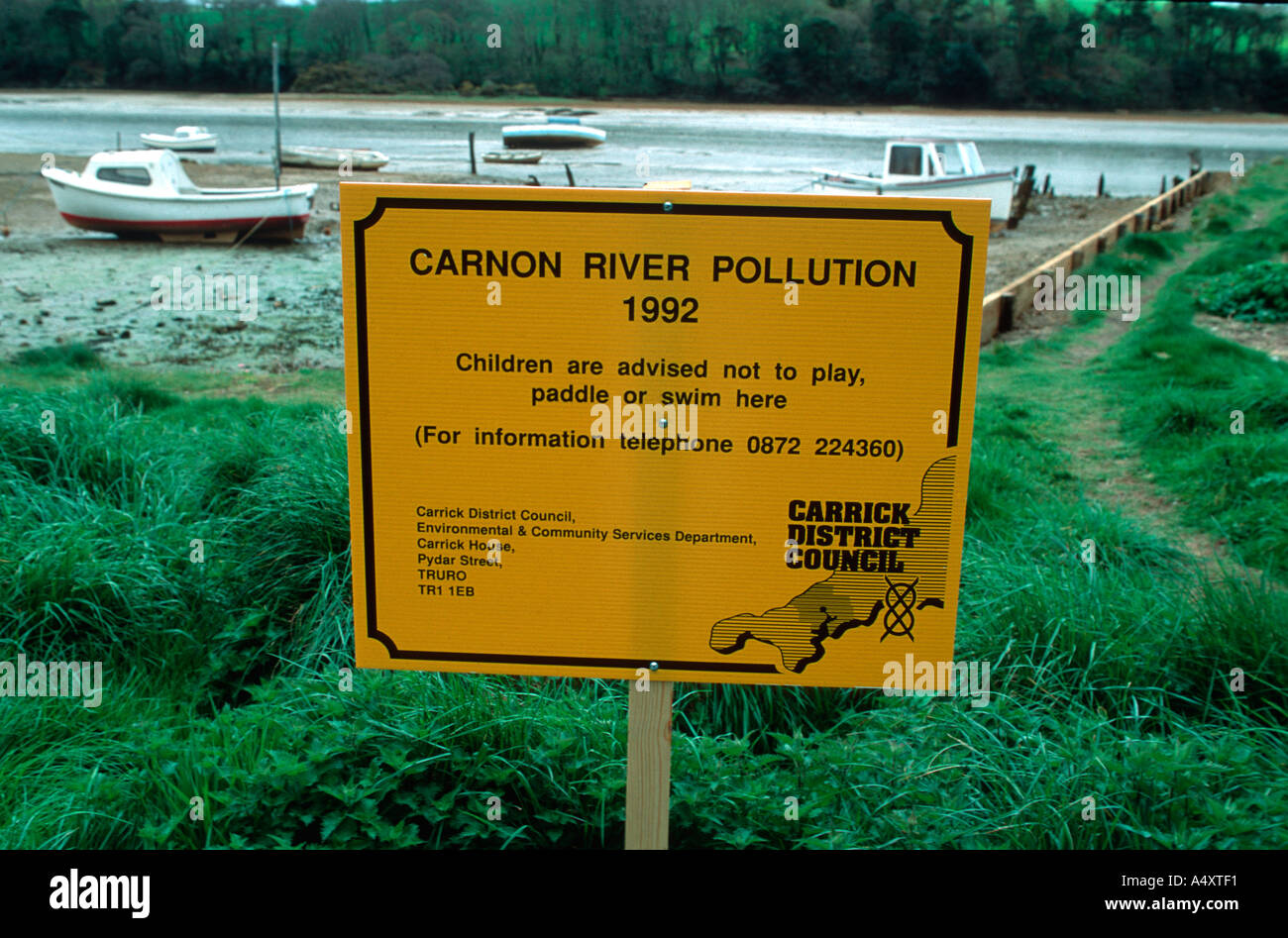 Warning notice of river pollution by tin cadmium from old tin mines ...