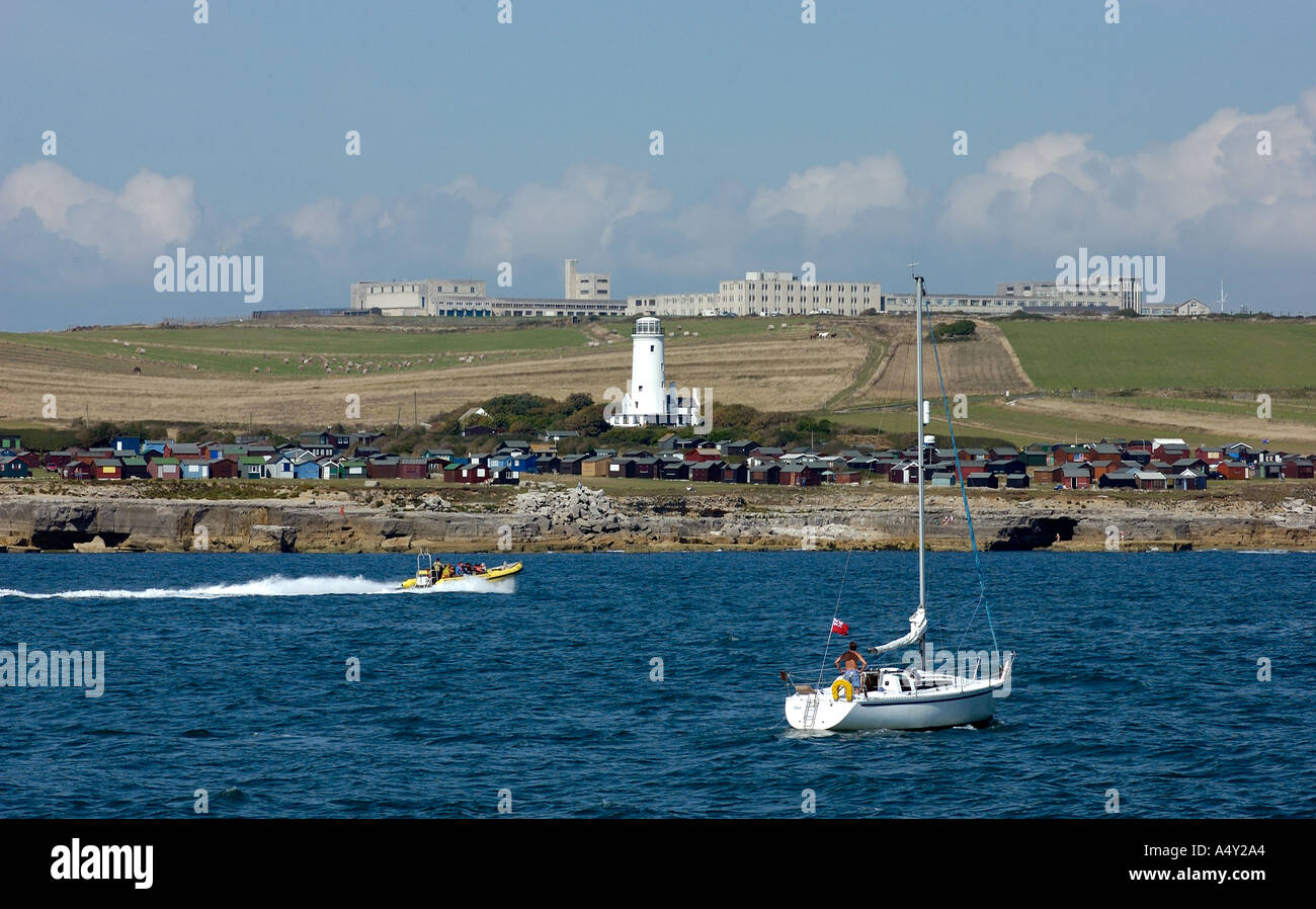A cruising yacht moored off Portland Bill by the Old Lower Light now ...