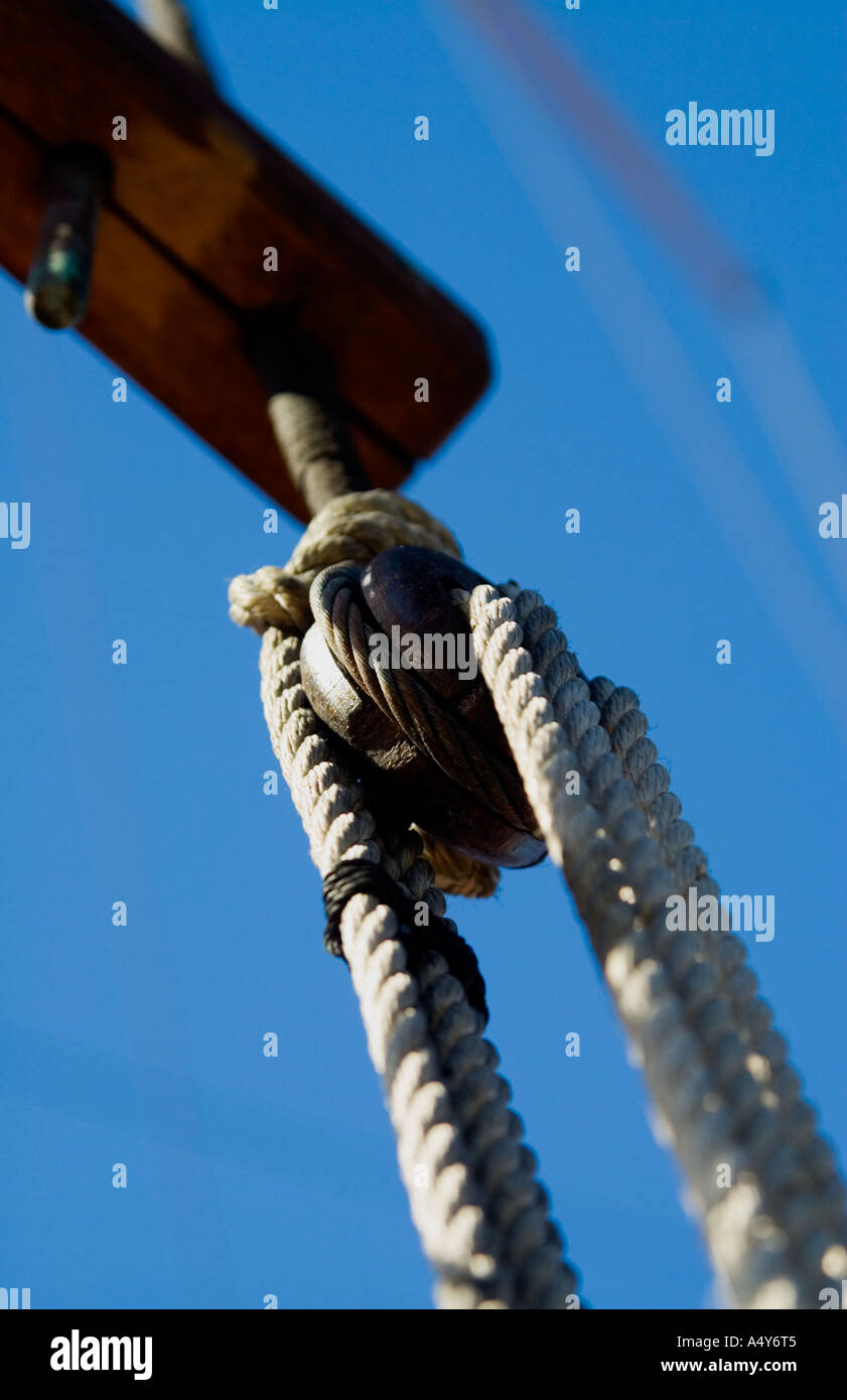 Tackle on boom of sailing ship Stock Photo - Alamy