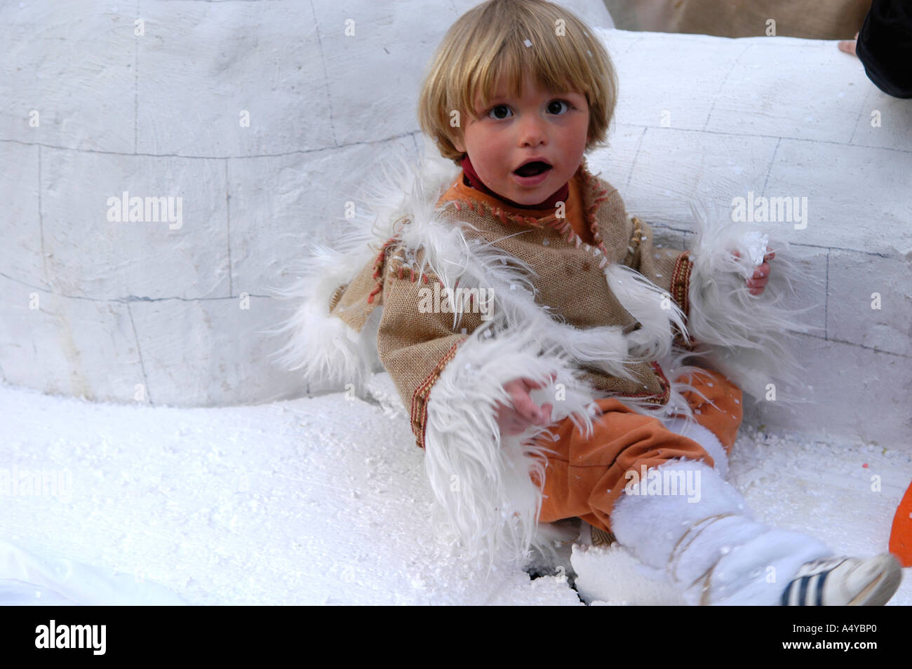 Cute young boy dressed as an Eskimo, in the Carnival of Ibiza, Spain ...