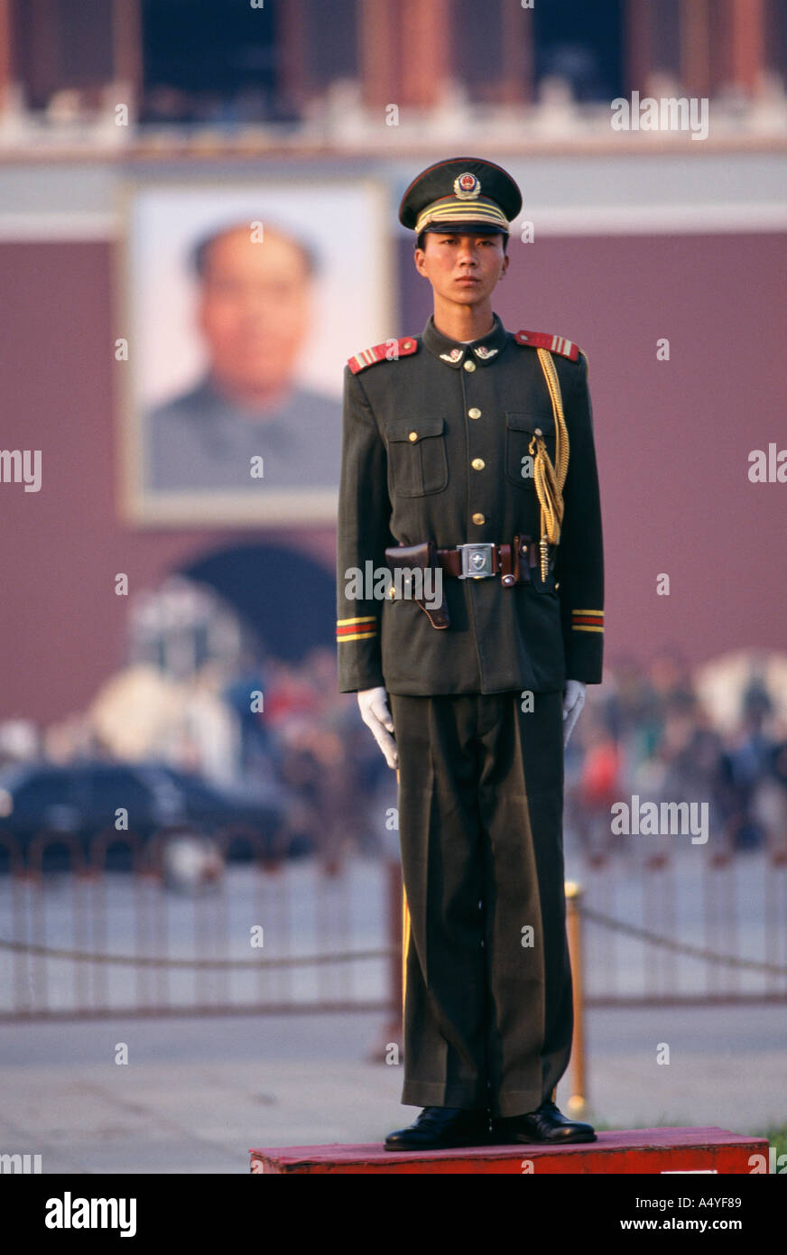 Soldier on duty in front of portrait of Chairmen Mao Zedong Tiananmen ...