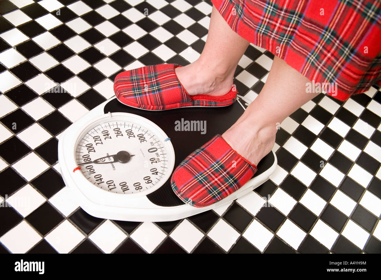 Close up of person standing on bathroom scale Stock Photo - Alamy
