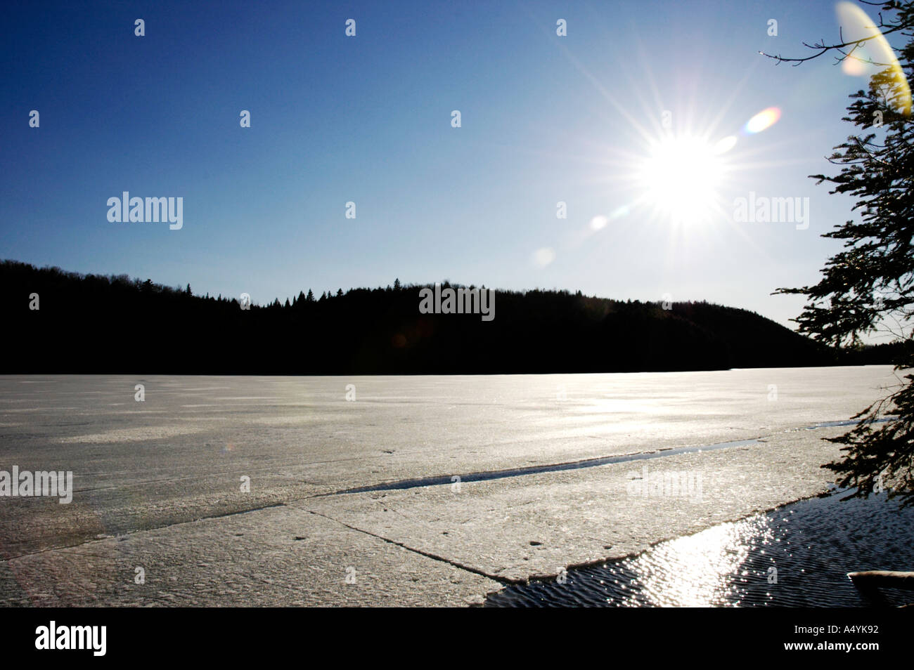 Sunset with sun over frozen lake in the boreal forest of New Brunswick ...