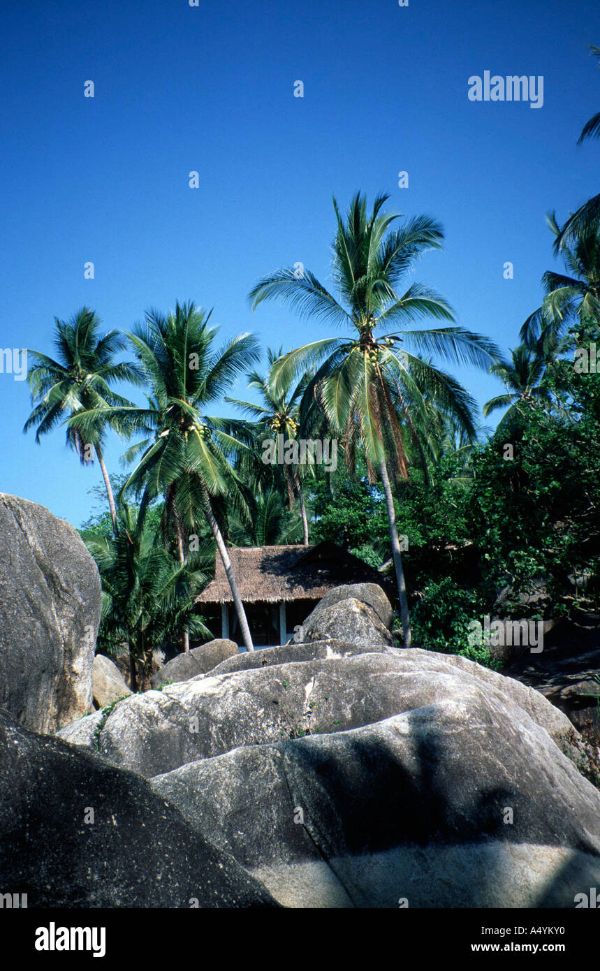 Rocks palm trees hut Stock Photo - Alamy