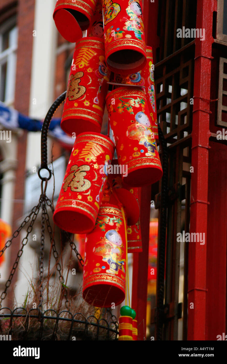 Firecrackers hanging in Chinatown at the Chinese New Year celebration ...