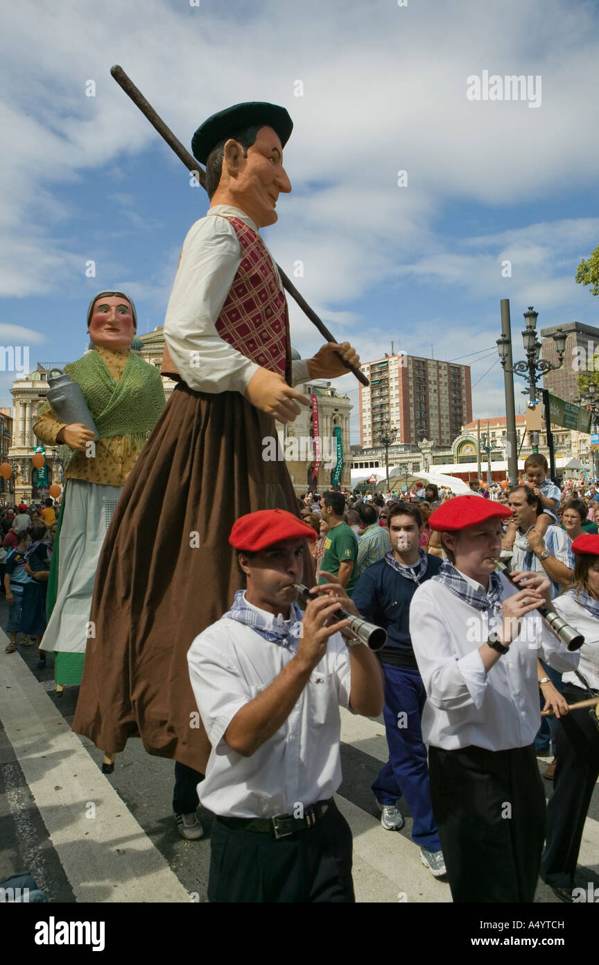 Gigante (giant) and band during parade, Aste Nagusia, Bilbao, Basque ...