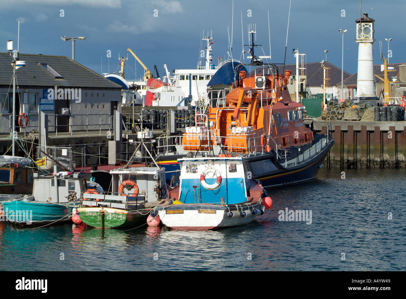 dh Harbour KIRKWALL ORKNEY Quayside fishing boats Lifeboat and harbour ...