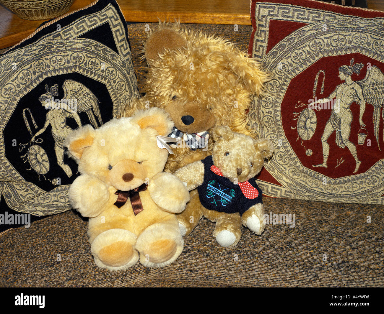 Three Teddy Bears on a Chair Stock Photo - Alamy