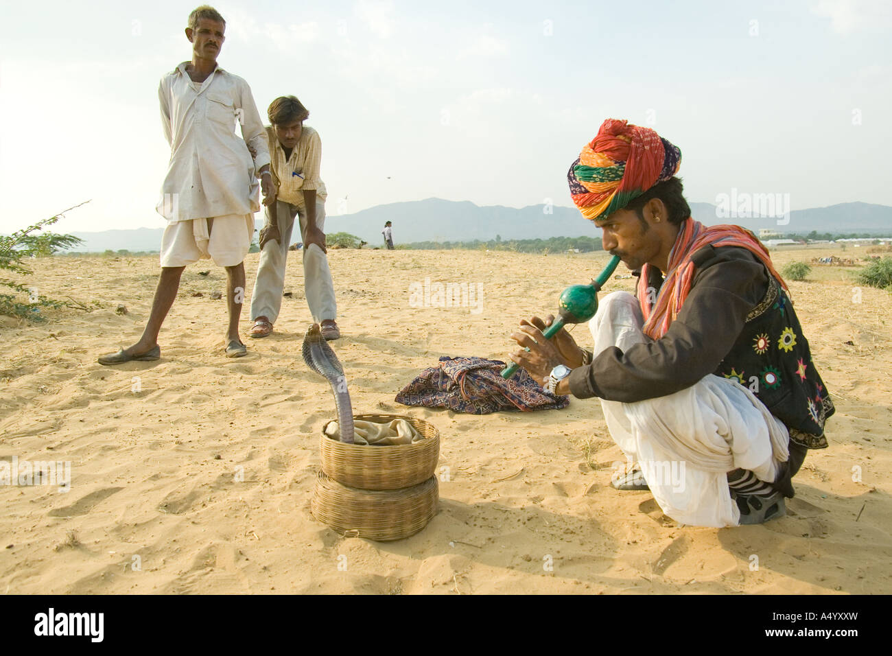 A snake charmer performs for local people in the desert. India Stock ...