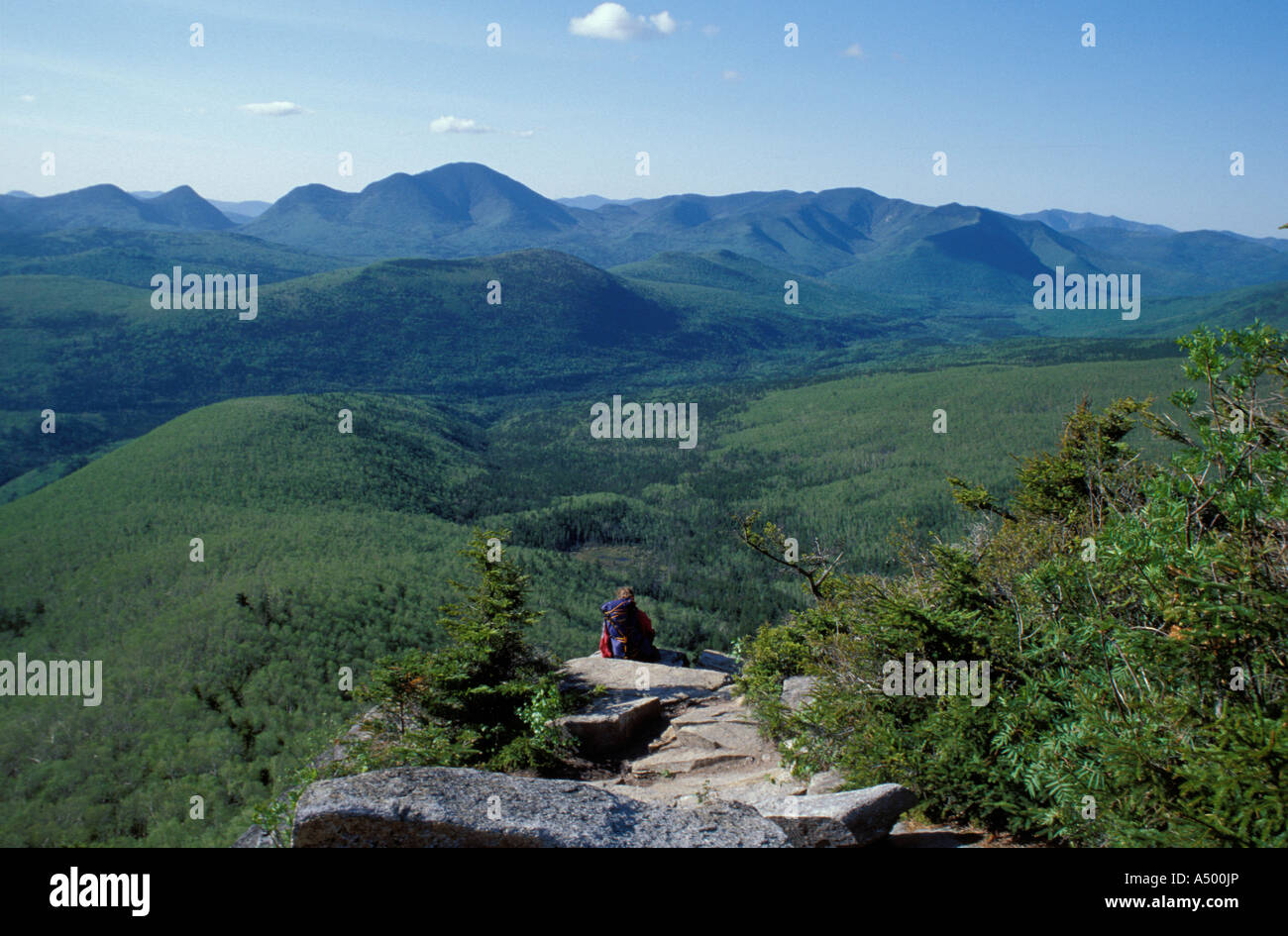 A hiker rests on Zeacliff taking in the view of the Pemigewasset ...
