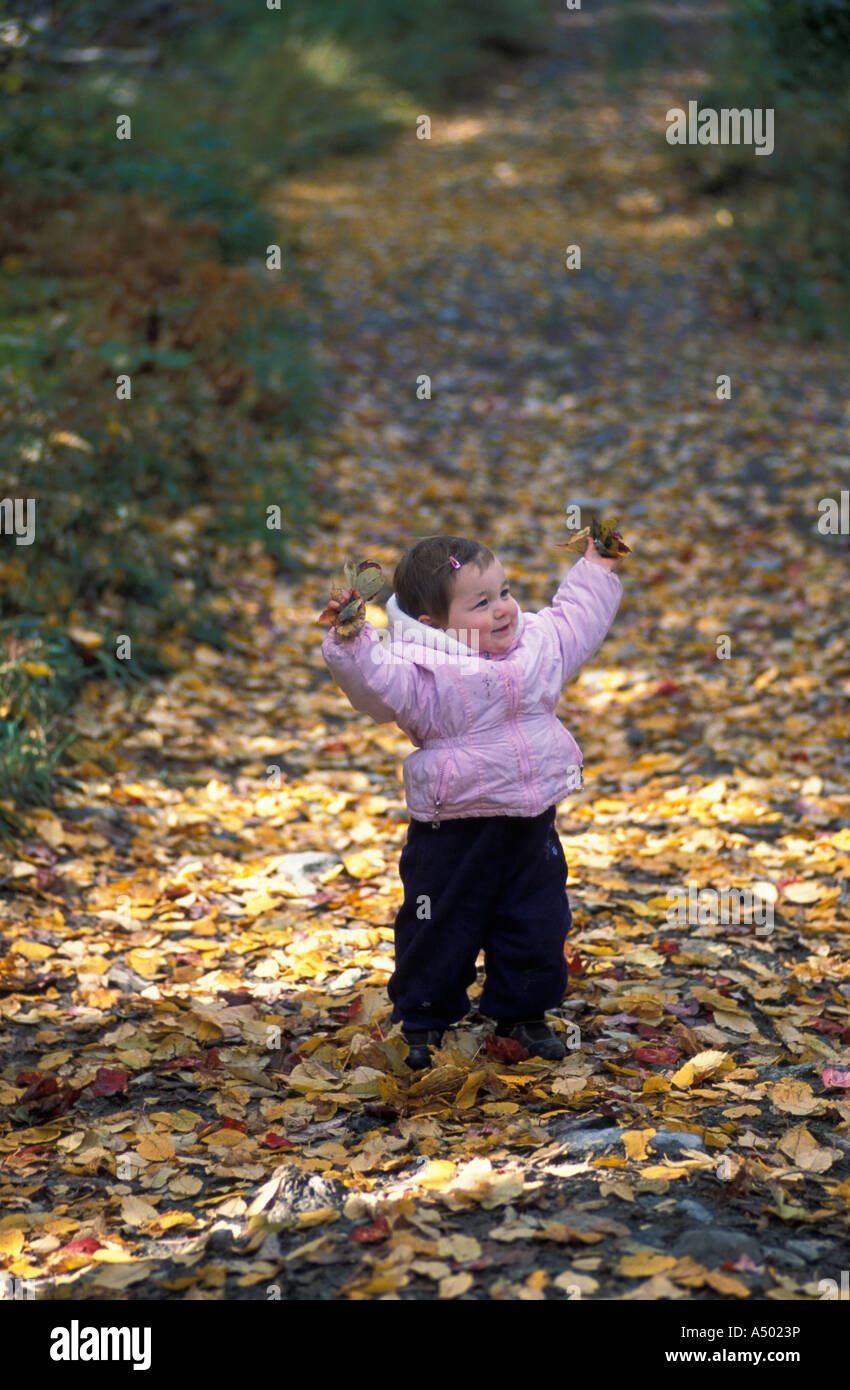 A young girl enjoys fall on an old logging road on the northern slopes ...