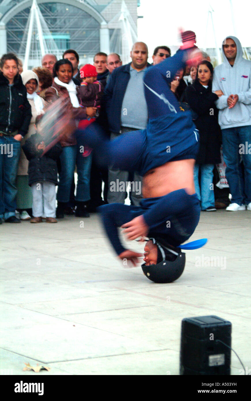 Breakdancer spinning on his head on the South Bank London Stock Photo ...