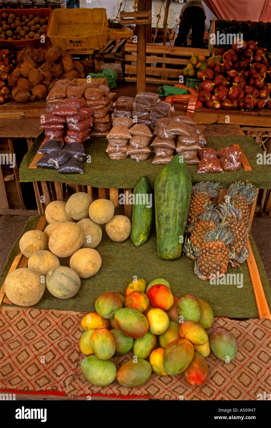 fruit and vegetable vendor, selling, papayas, mangoes, melons, floating ...