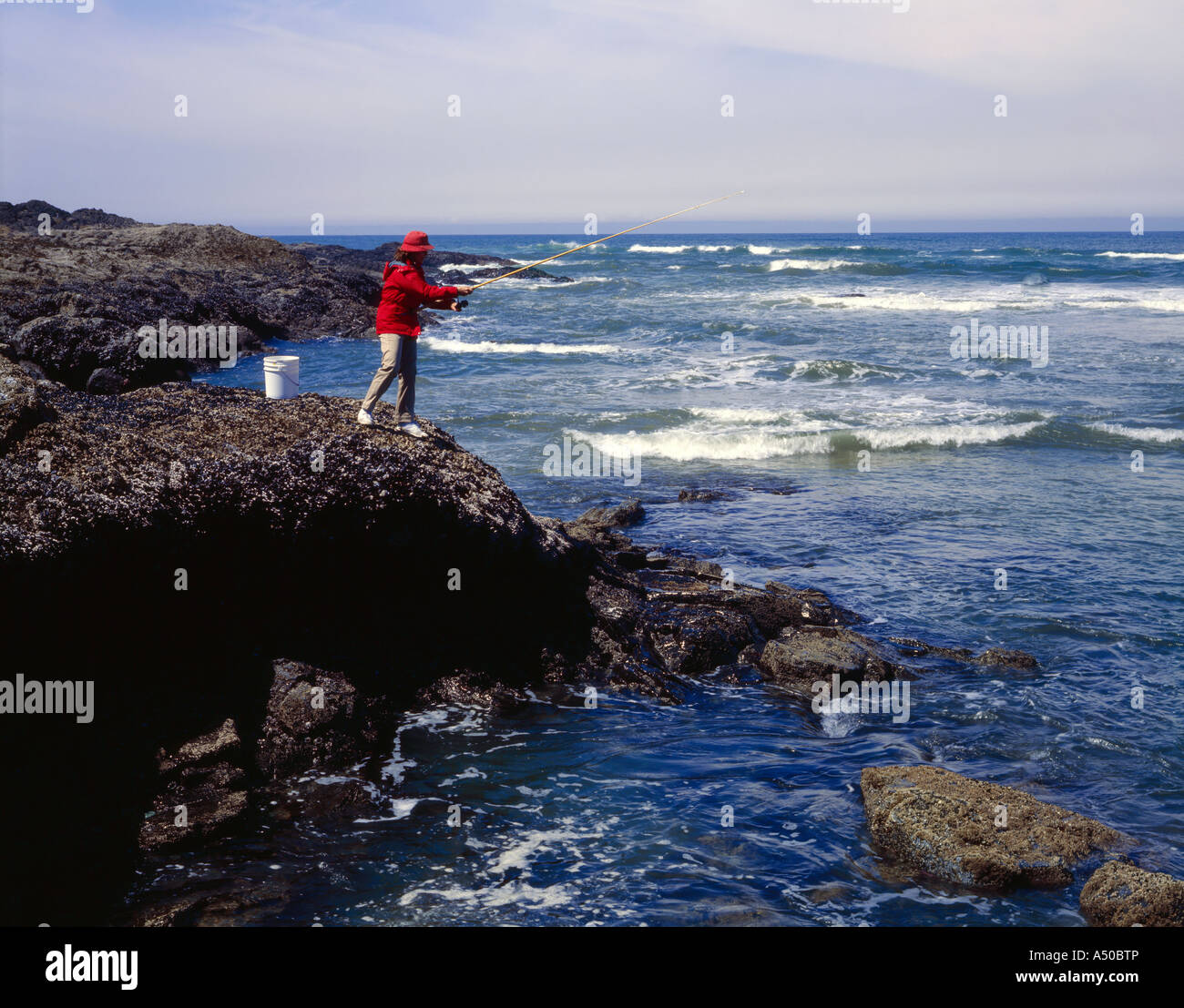 Female surf fisher casts into the unruly waters of the Pacific Ocean ...