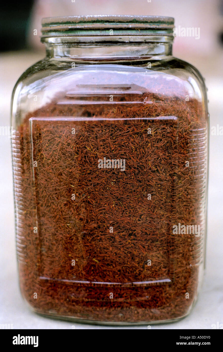 Jar of Mogra or the red stigma of the Saffron flower at the merchants ...