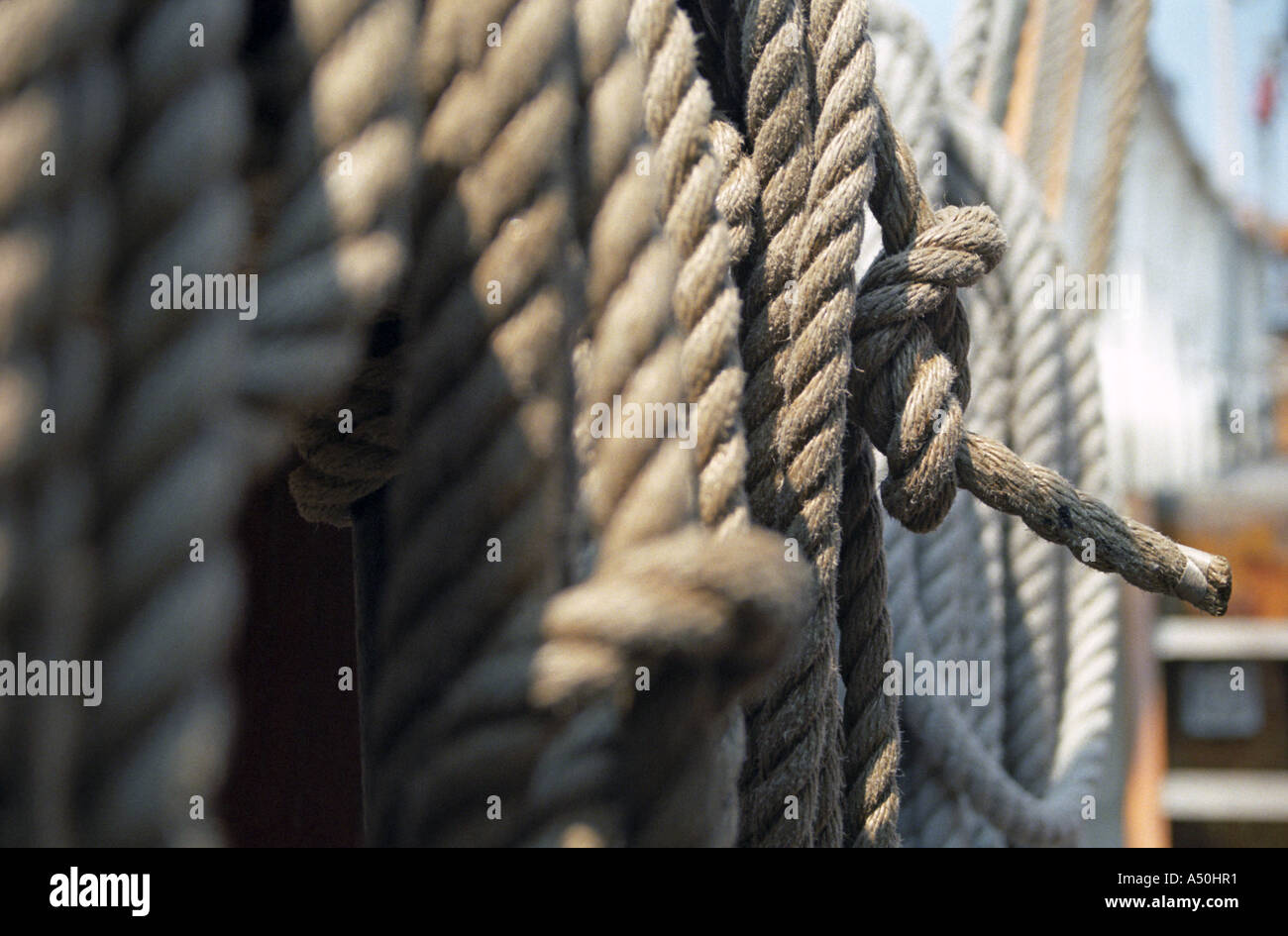 knotted and braided mooring / rigging ropes on the deck of a sailing ...