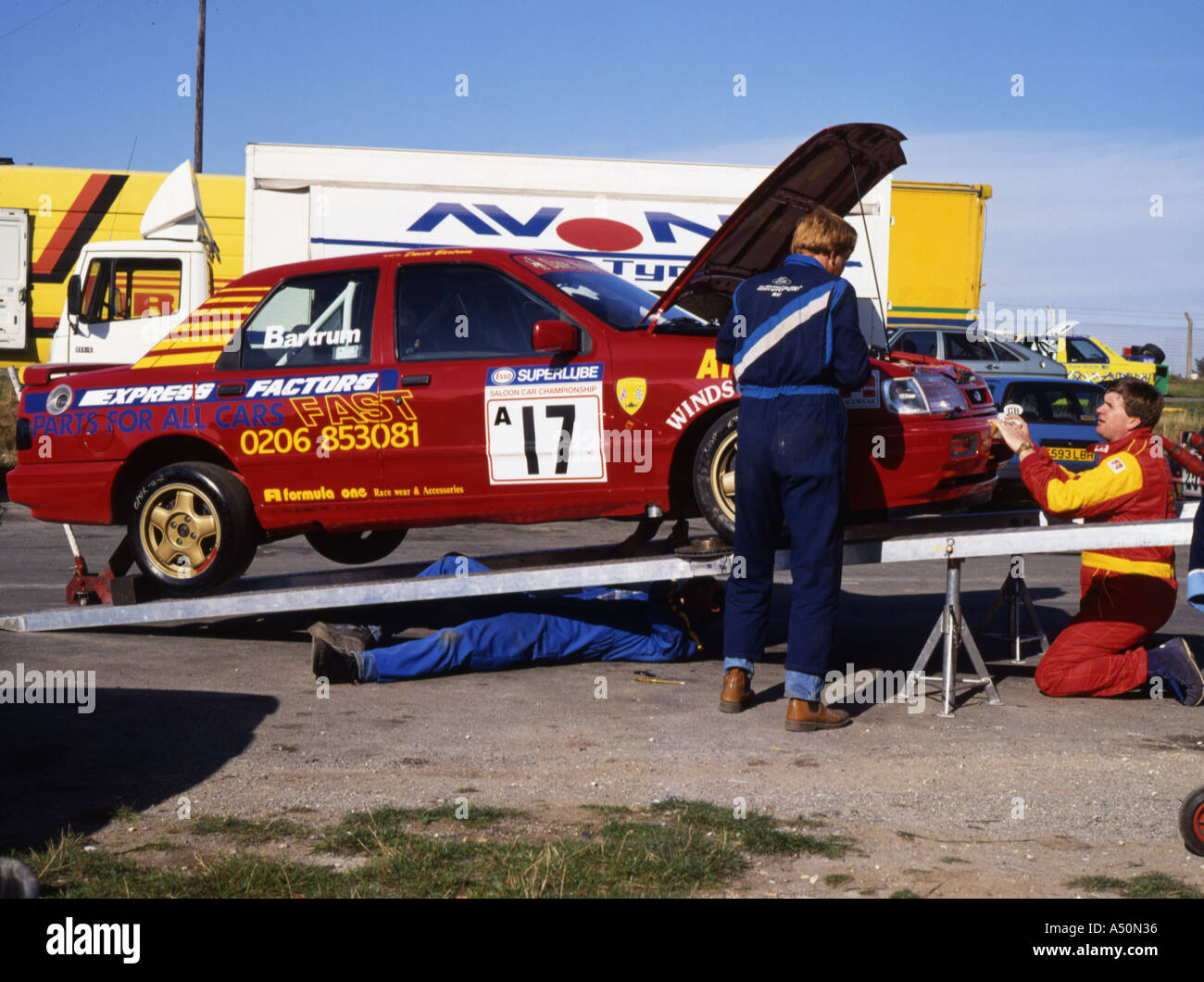 Ford Sierra Sapphire Cosworth racing saloon on Trailer at Cadwell Park ...