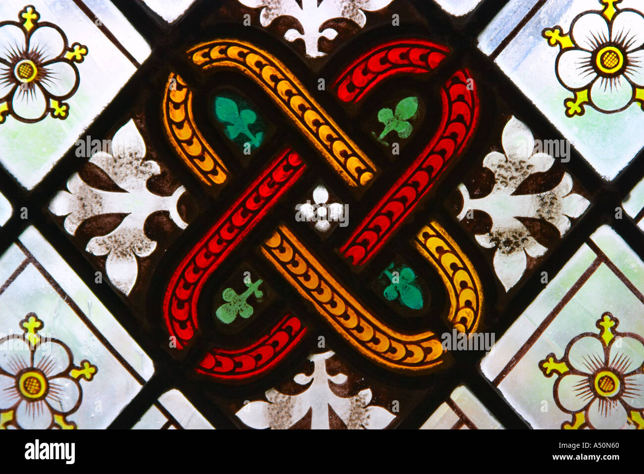 Stained glass window at cloister of Gloucester Cathedral ...