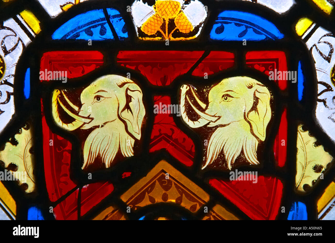 Stained glass window at cloister of Gloucester Cathedral ...