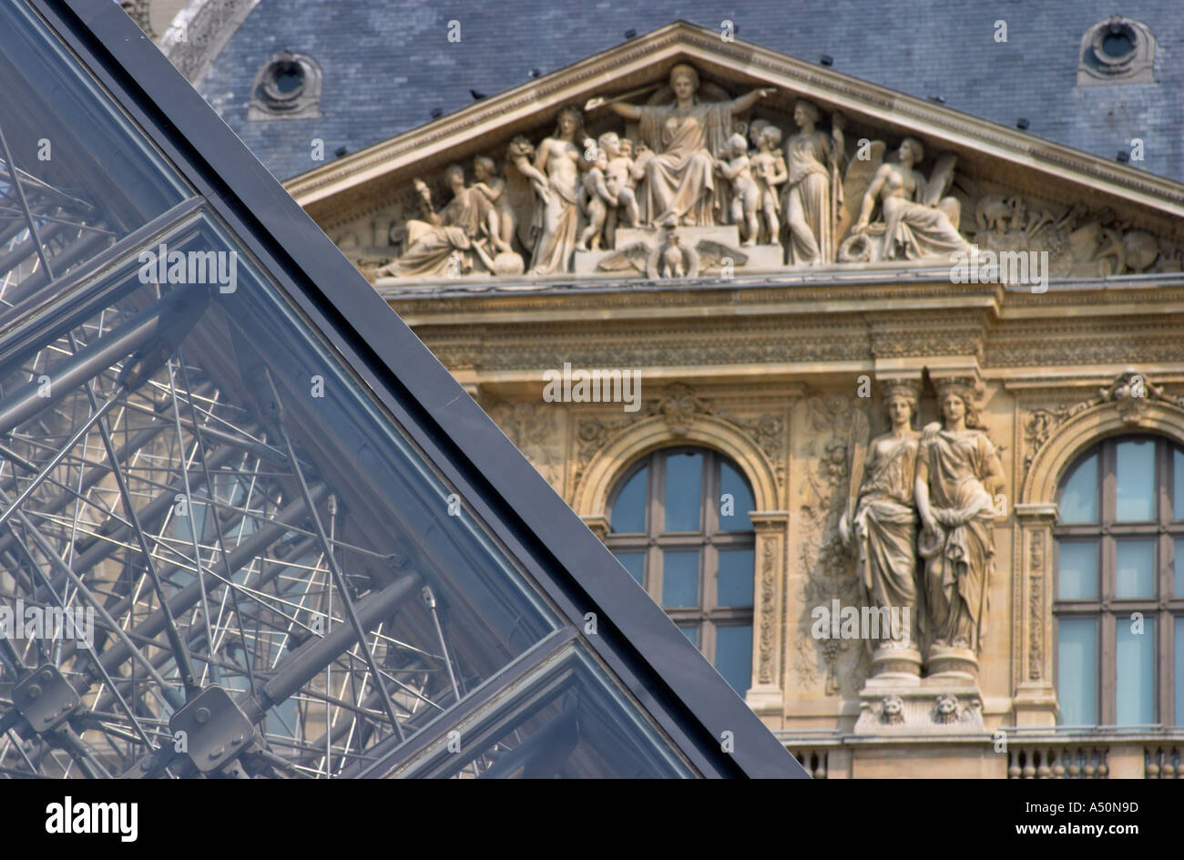 Louvre Pyramid with Pavillon Richelieu section of the Louvre Palace in ...