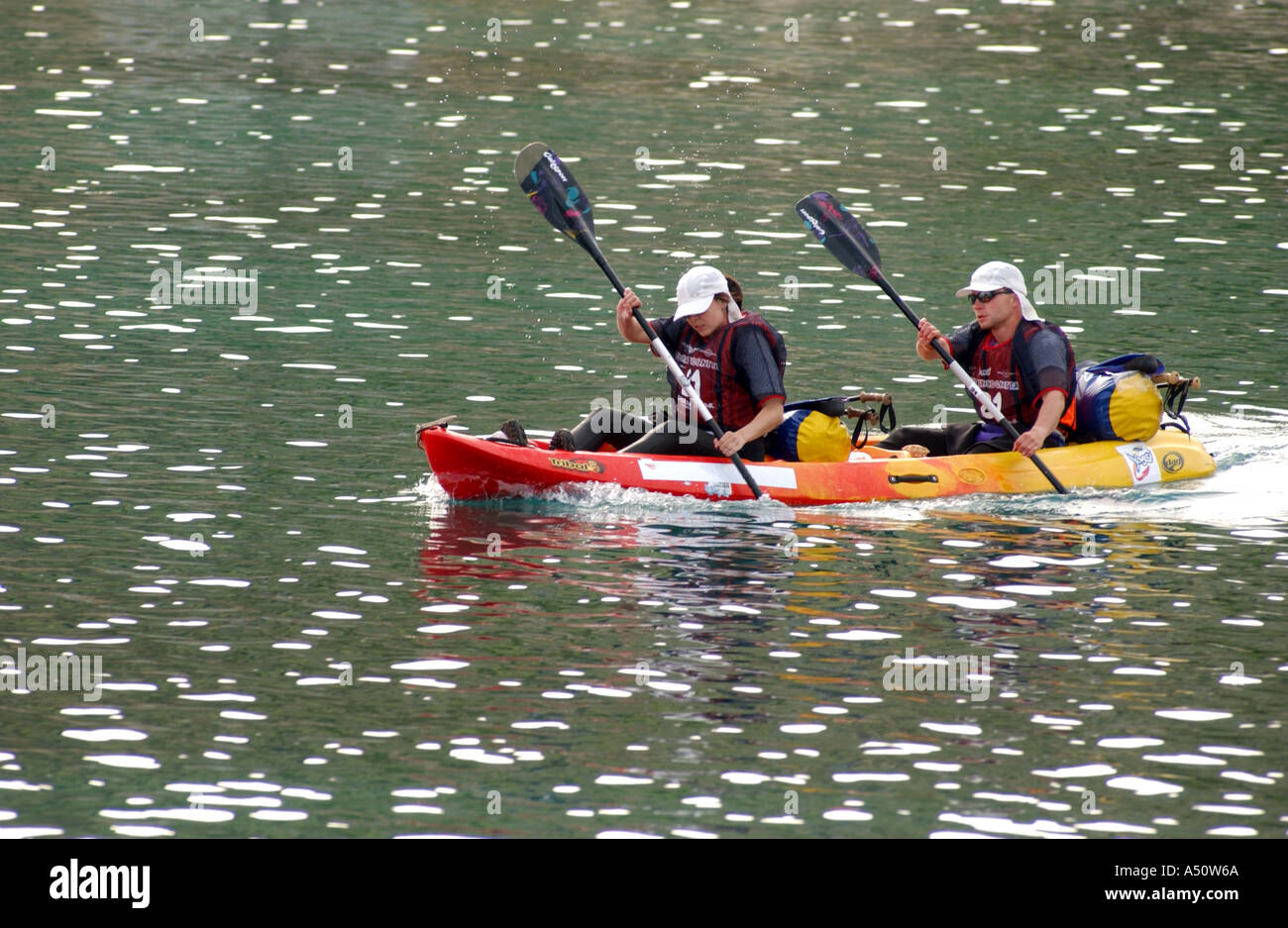 Adventure race athletes paddling kayaks Stock Photo - Alamy