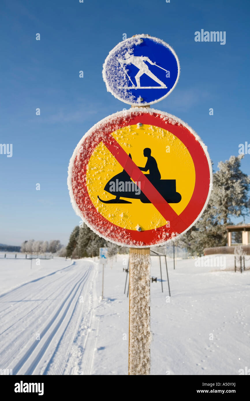 traffic signs by cross country skiing track, Finland Stock Photo - Alamy