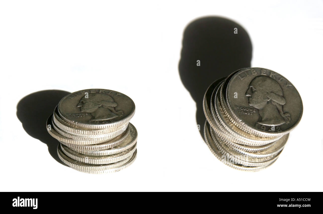 Stack of silver quarters, two different perspectives. They are 90% ...