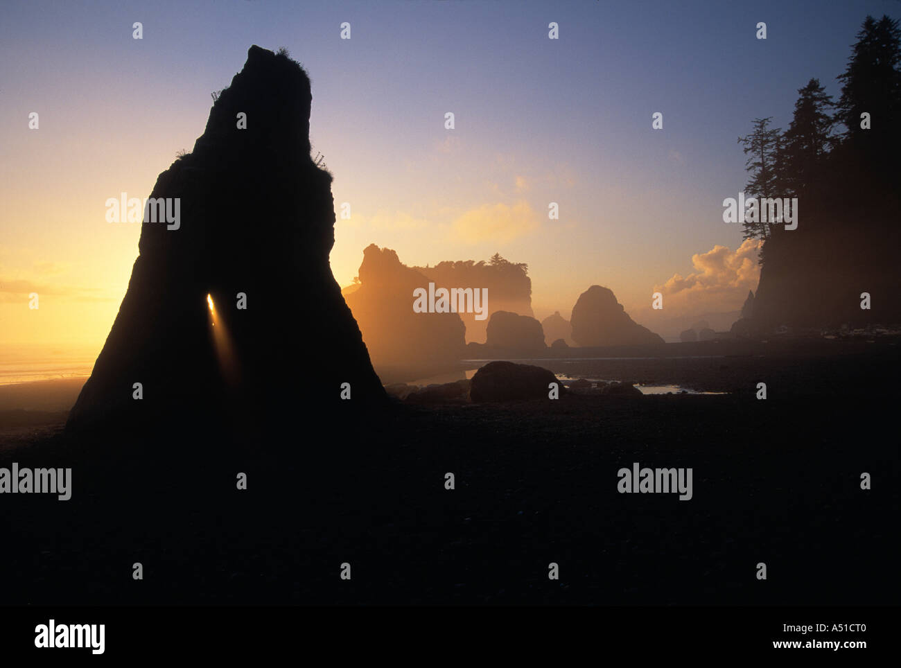 Sunset seen through sea stacks, Ruby Beach, Olympic National Park ...