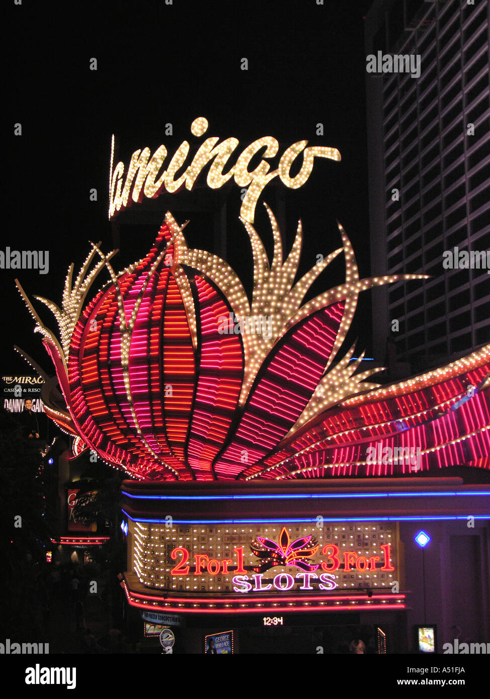 Las Vegas strip night Flamingo hotel casino sign bright neon lights ...