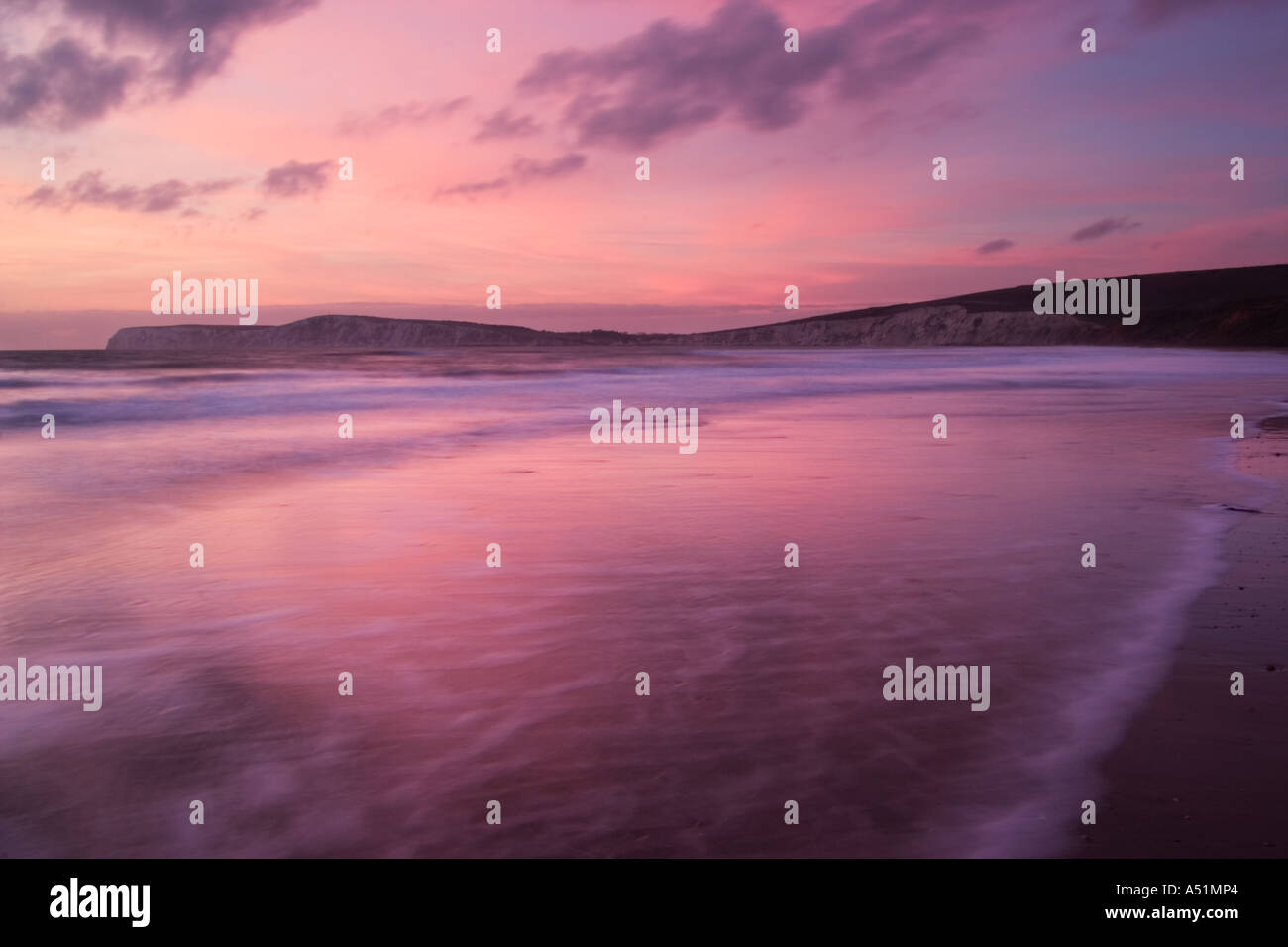 Sunset on Compton Beach wooden steps to beach Isle of Wight England ...