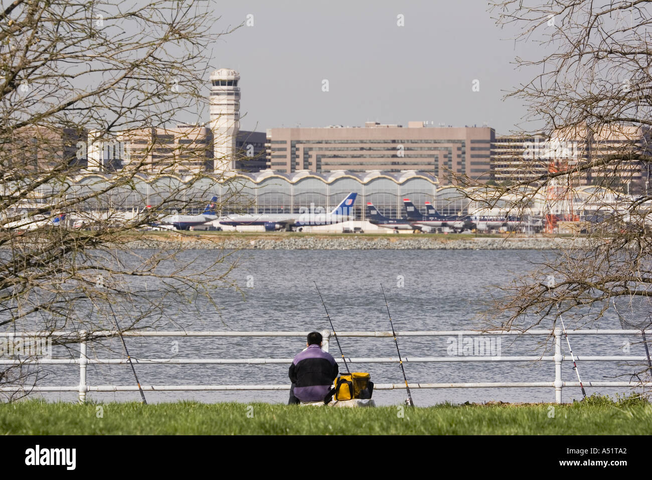 Man fishing in the Potomac River at Haines Point in East Potomac Park ...