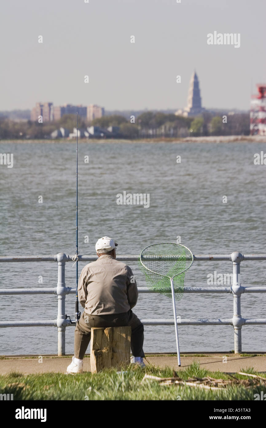 Man fishing in the Potomac River at Haines Point in East Potomac Park ...