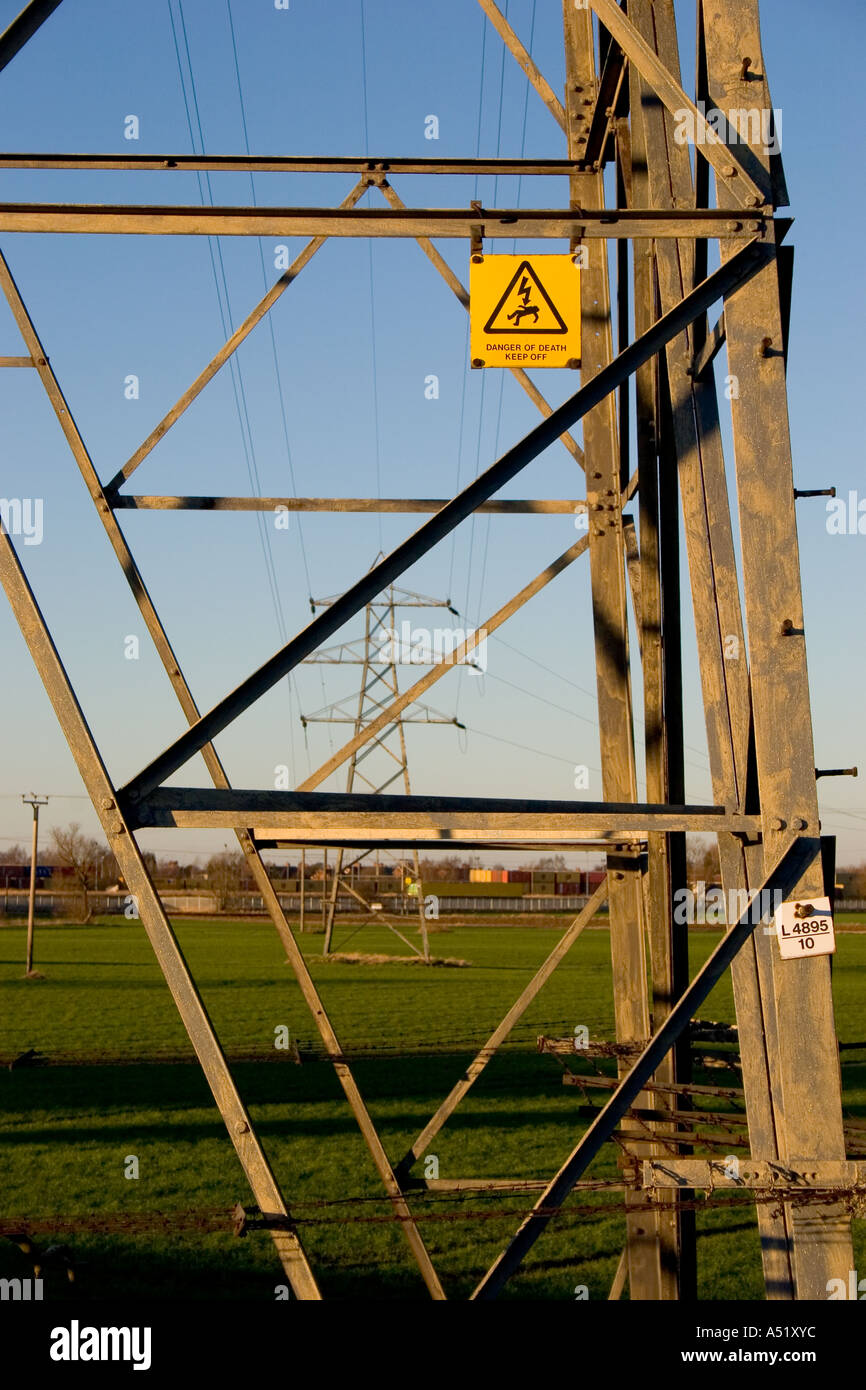 Electricity pylon showing a warning sign Stock Photo - Alamy