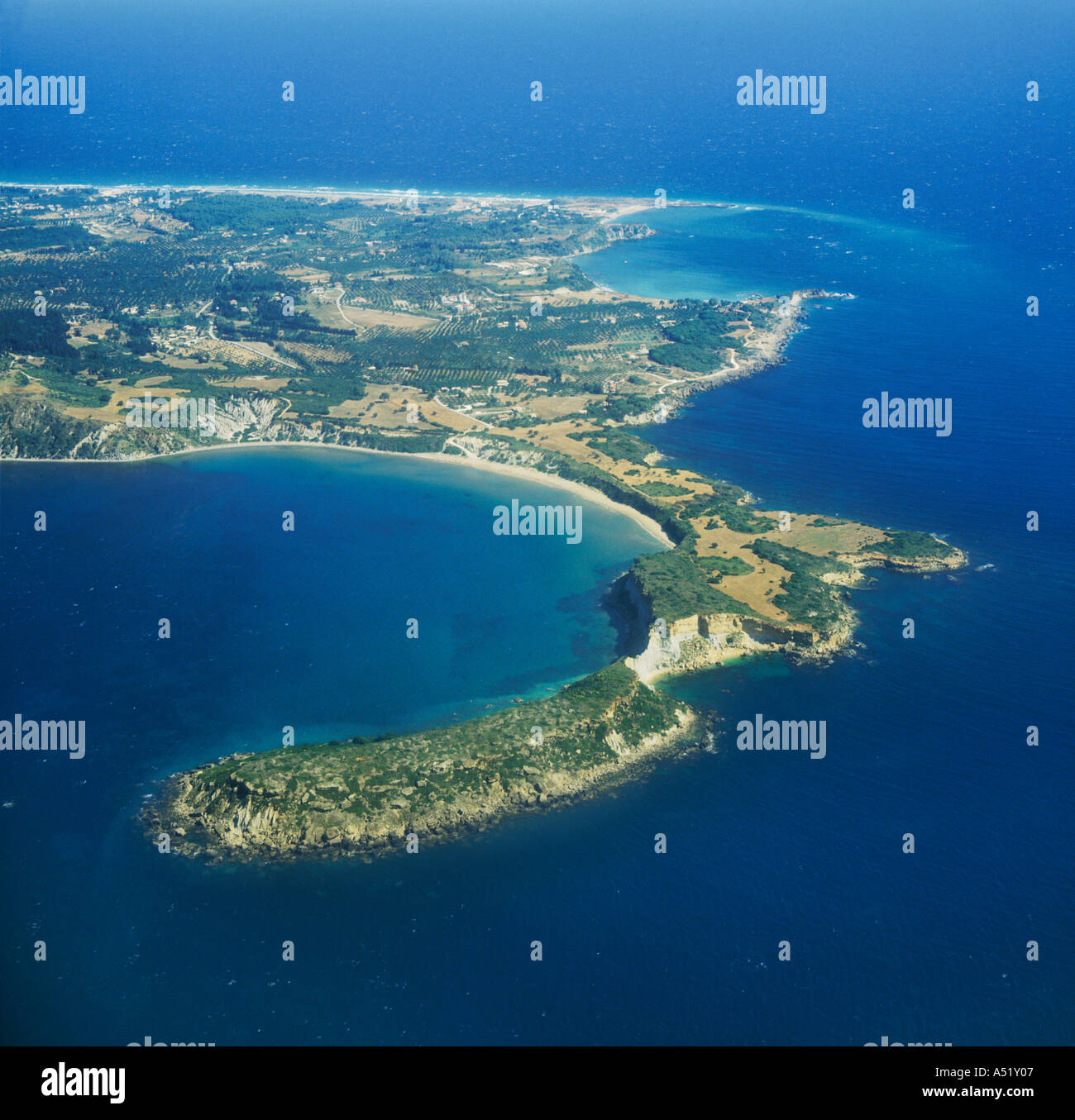 Aerial view of Gerakas Point and easterly peninsula with sea semi ...